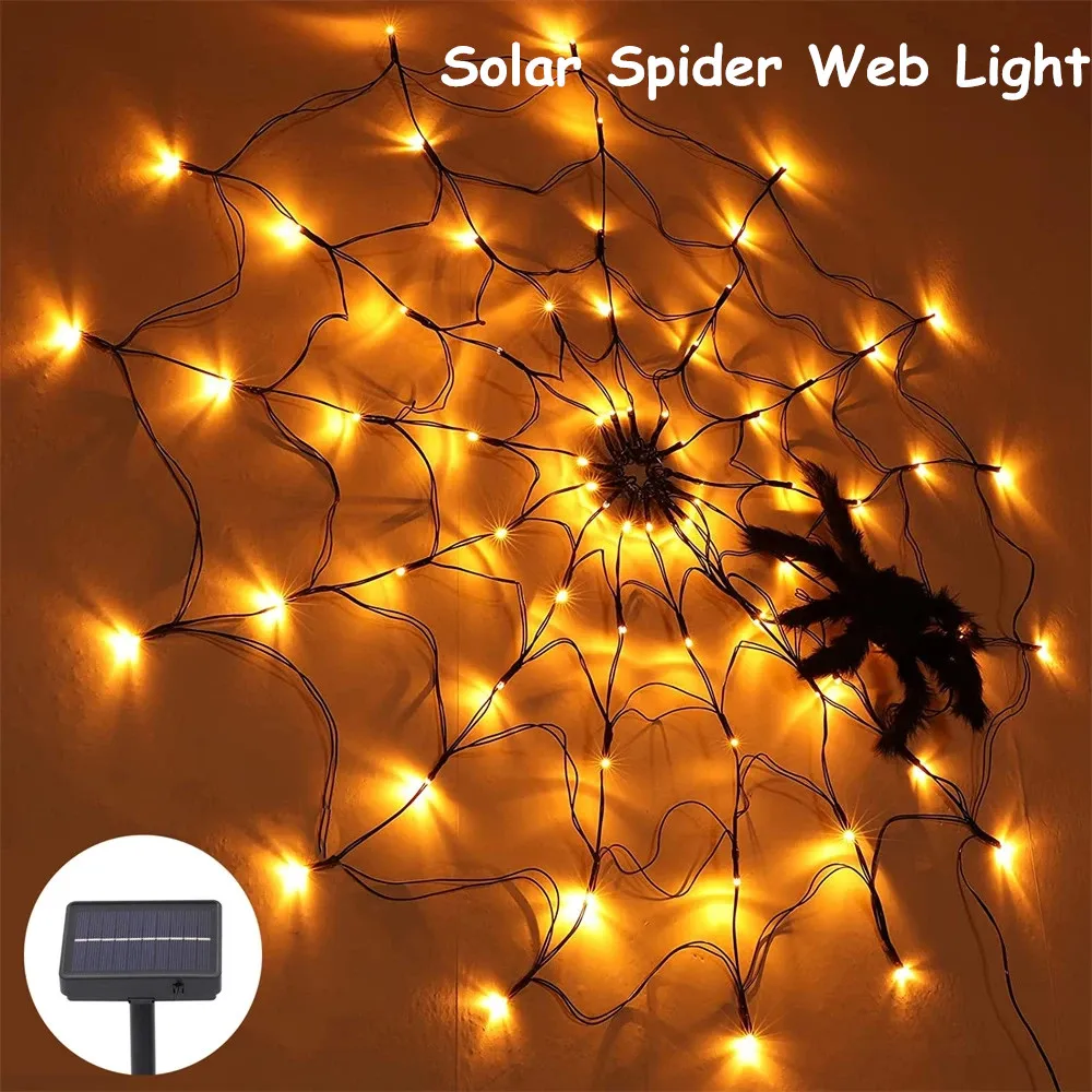 Solar-Halloween-LED-Spider-Web-Lights-Waterproof-Black-Spider-Net ...