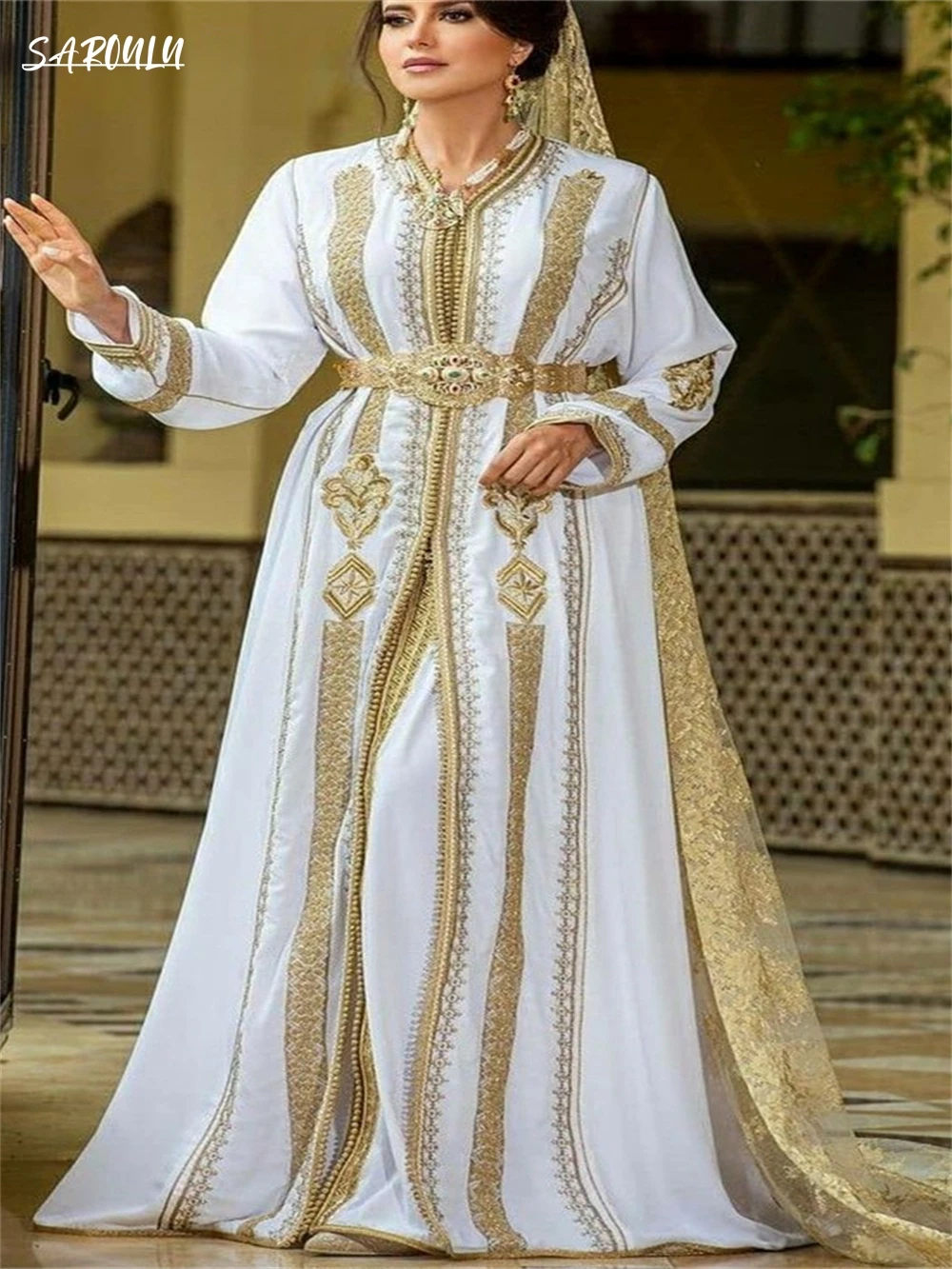 Elegant-Arabic-Wedding-Party-Dress-With-Luxury-Gold-Lace-Appliques-Long ...