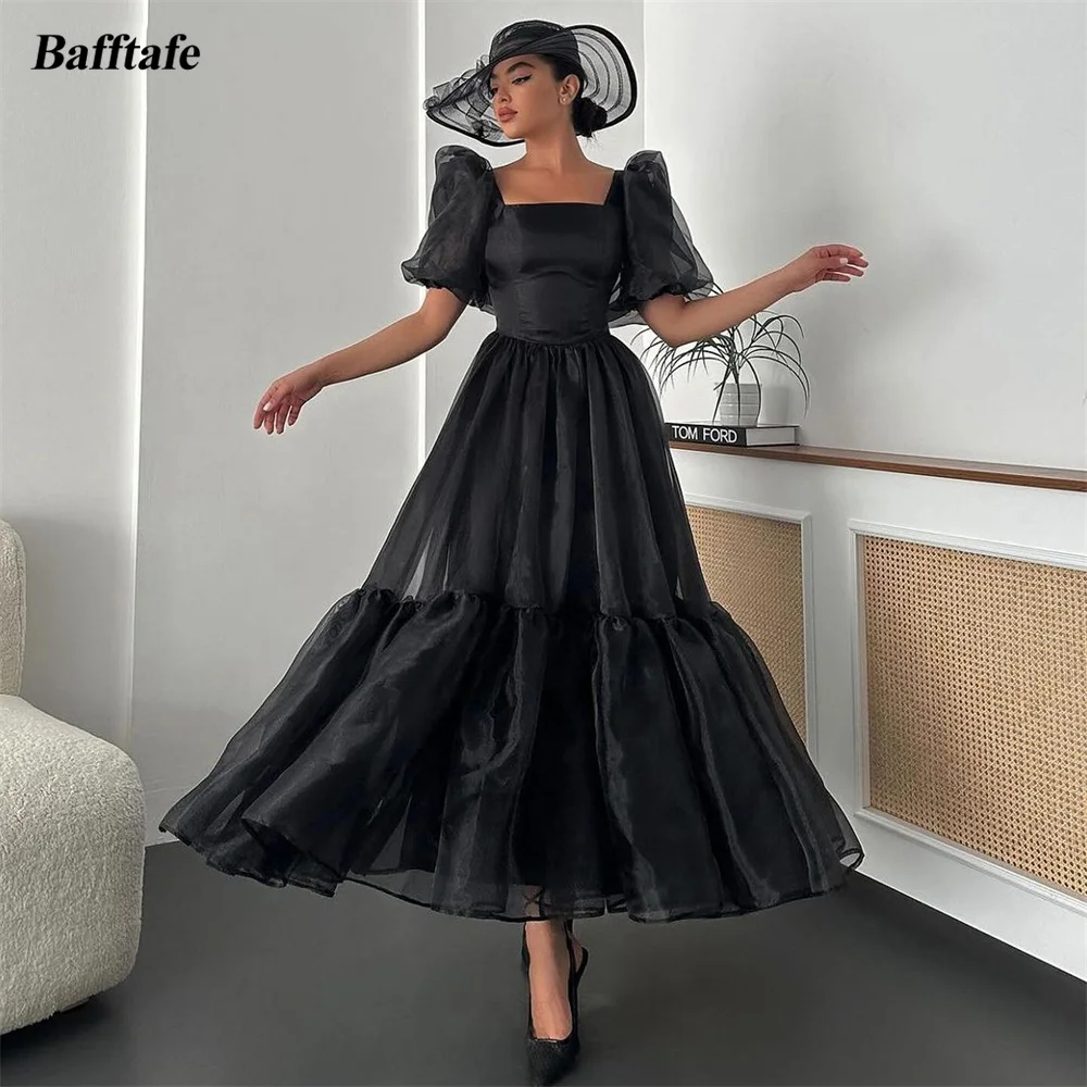 Bafftafe Black Organza Prom Dresses Square Neck Short Sleeves Formal ...
