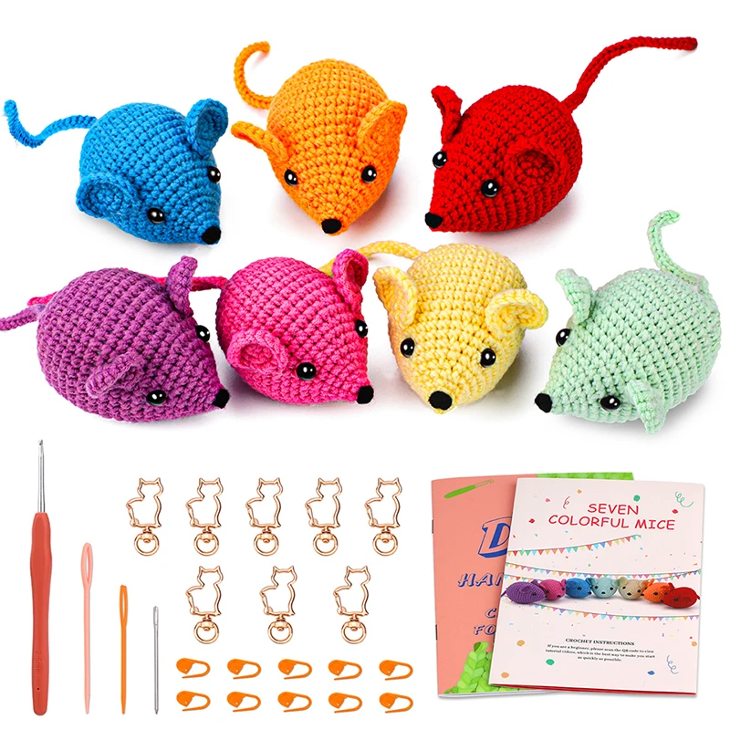 TLKKUE 7pcs Mouse Crochet Kit for Beginners With Instruction Cotton ...
