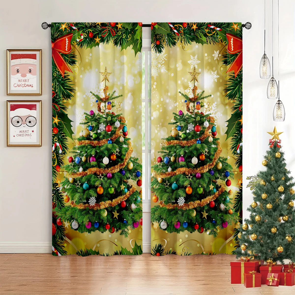 Golden-Wonderful-Christmas-Tree-Curtains-Snowman-Elk-Christmas-Holiday ...
