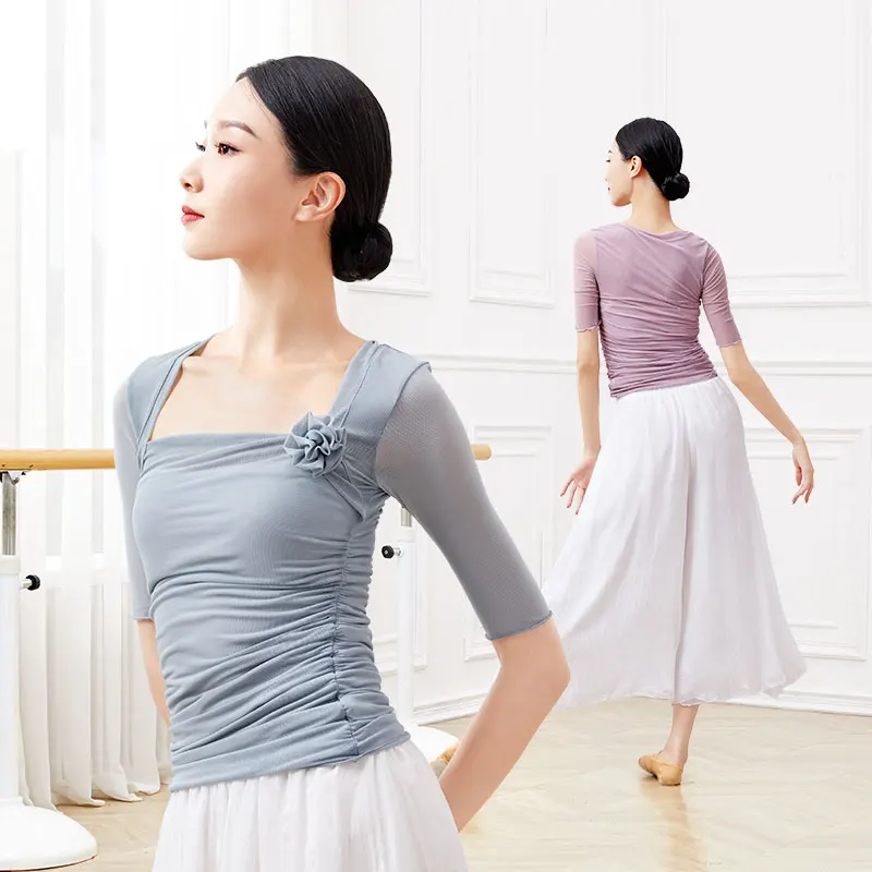 Woman-Ballet-Tops-With-Flower-Square-Collar-Mesh-Nylon-Medium-Sleeves ...