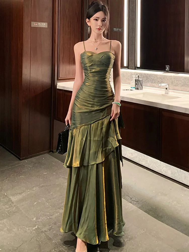 Summer New Green Elegant Ruffled Maxi Dress Women Luxury Bodycon Sling ...