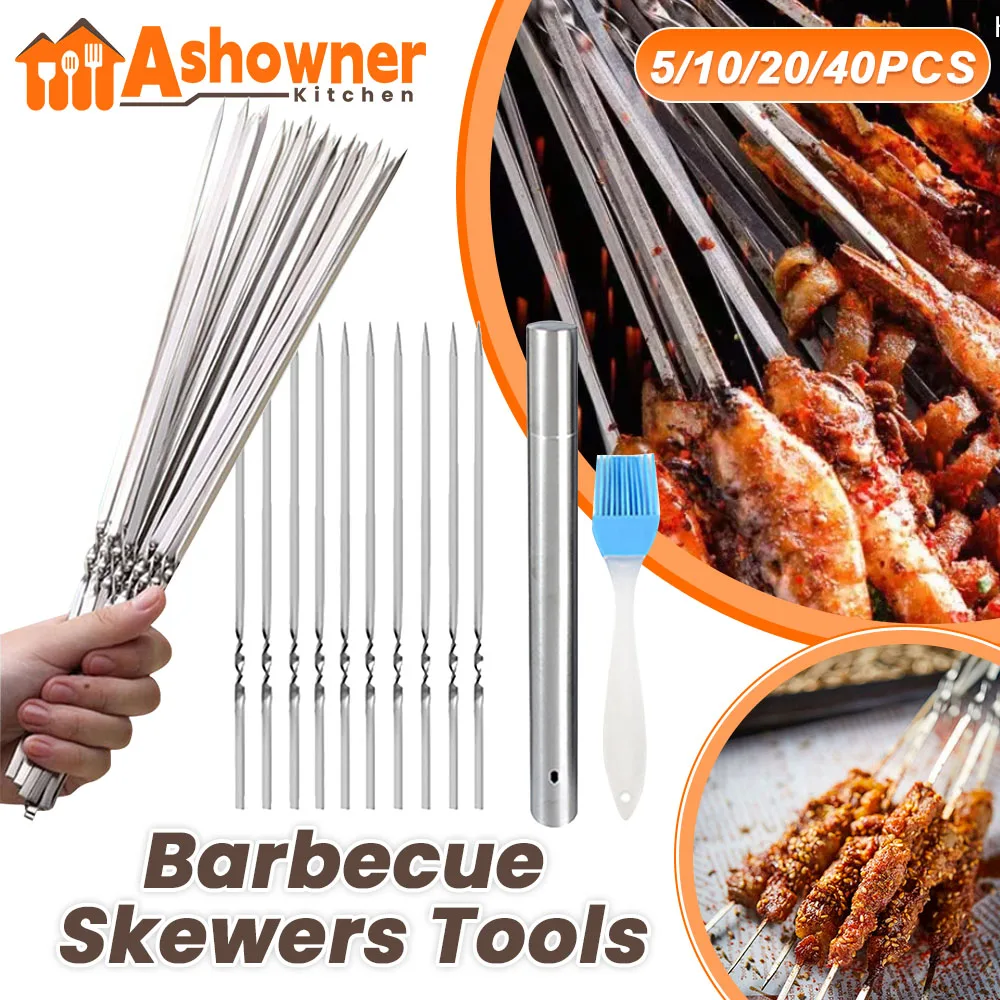 10-20-40Pcs-Stainless-Steel-BBQ-Skewer-Reusable-Barbecue-Needle-Kebab ...