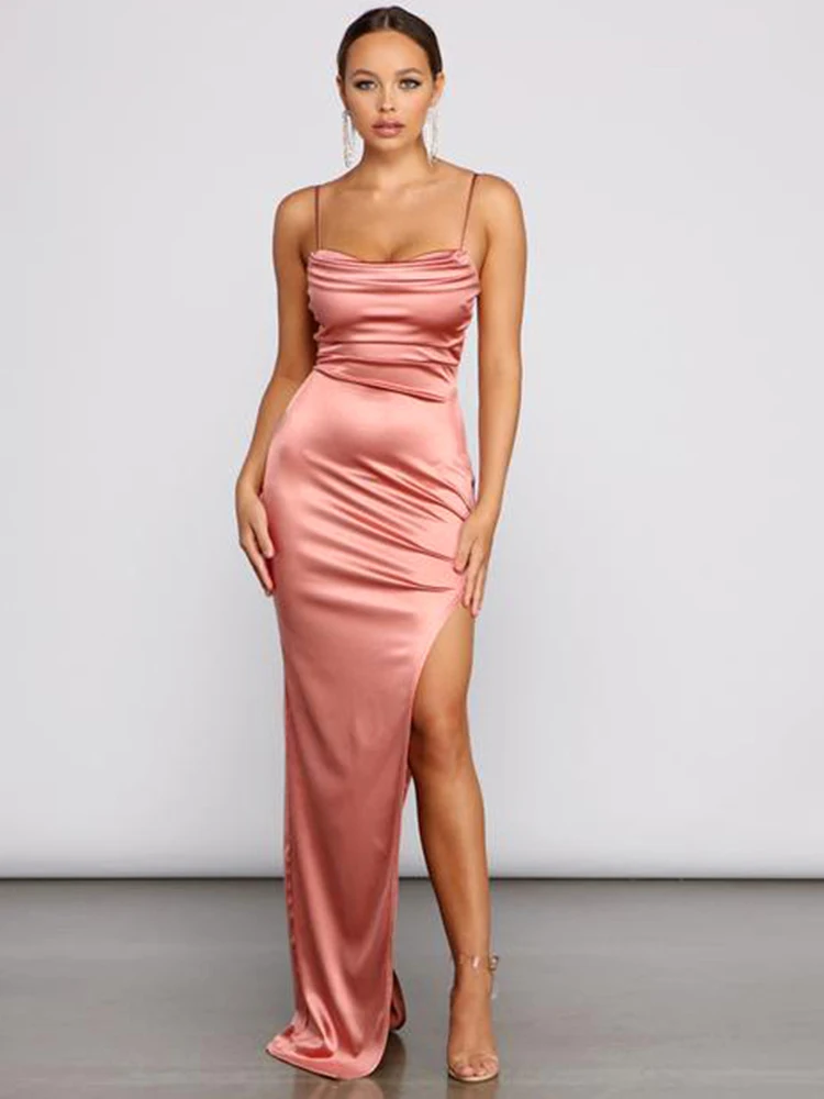 Sexy Pink Graduation Prom Dress Satin Split Ruched Bridesmaid Wedding ...