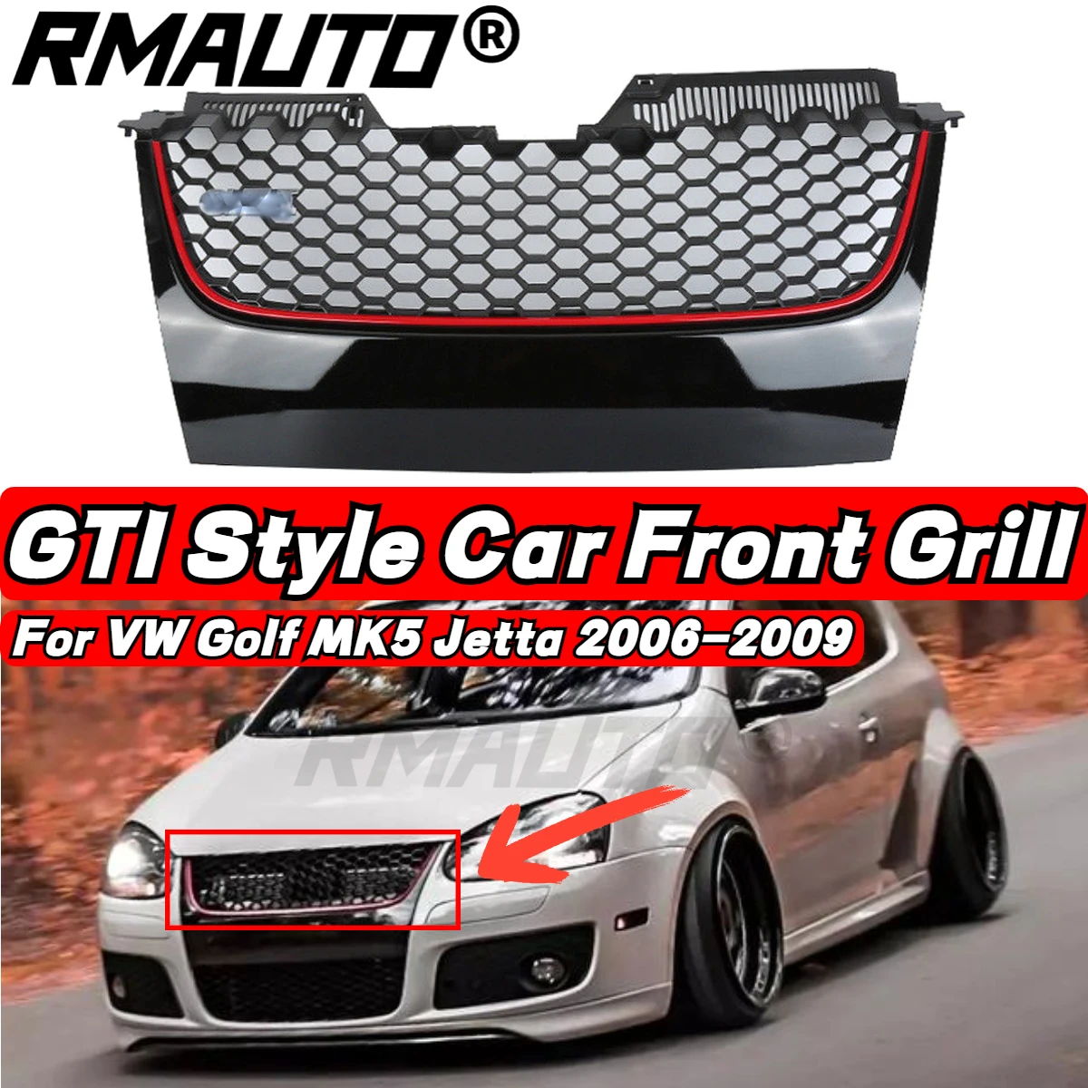 RMAUTO-GTI-Red-Strip-Racing-Grill-HONEY-COMB-Car-Front-Bumper-Grille ...