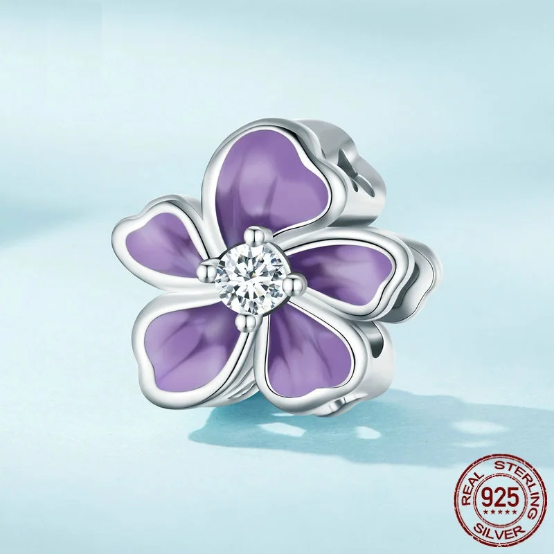 Beautiful-Women-Flower-Reflection-Bead-Charm-Purple-Enamel-Solid-925 ...
