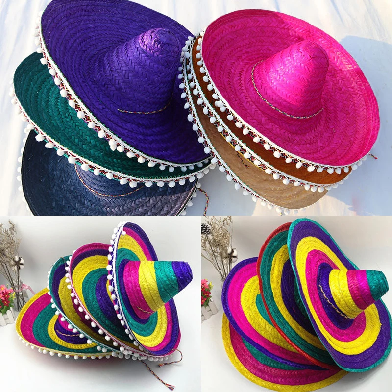 Mexican-Party-Hat-Mexican-Pompom-Straw-Hat-Shawl-Hawaiian-Style ...