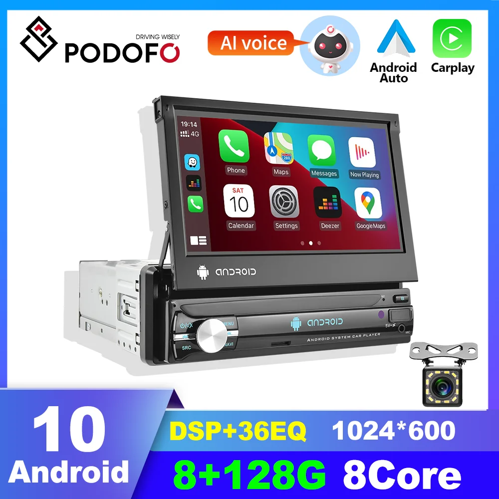 Podofo 1 Din Android 10 Carplay Rádio Do Carro Universal 7 Player Player Retrátil Tela Mp5 ...
