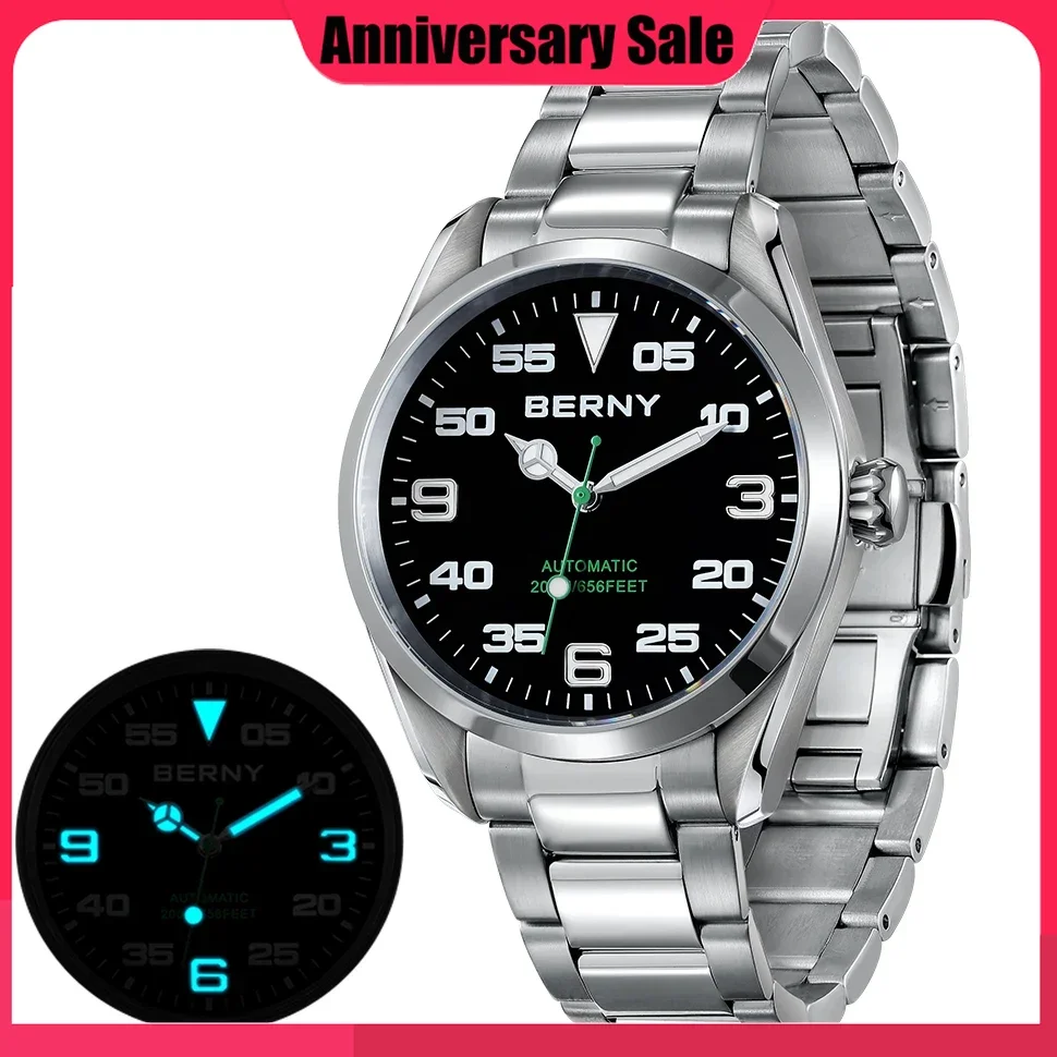 BERNY Men Automatic Mechanical Watch BERNY NH35 Luminous Sapphire 20ATM Waterproof Wristwatch ...