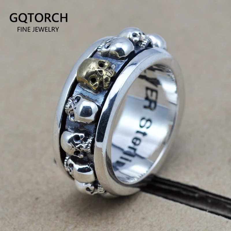 S925 Sterling Silver Rotating Spinner Skull Mens Rings Retro Punk Rock ...