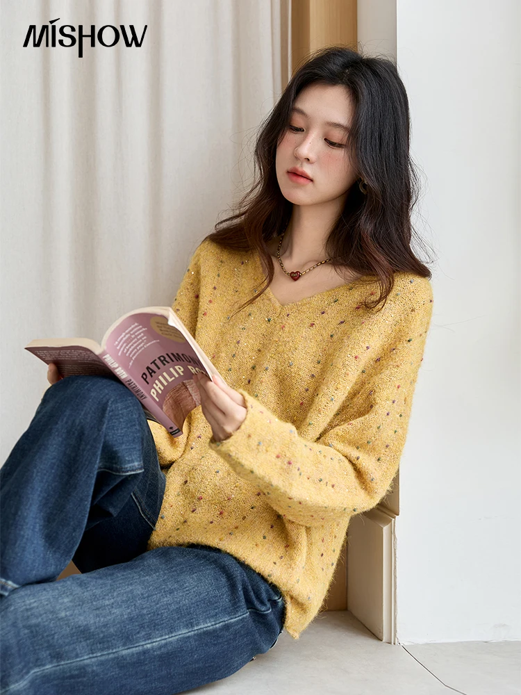 MISHOW Women Long Sleeve Tops 2025 Autumn Retro Yellow Sequins V-neck ...
