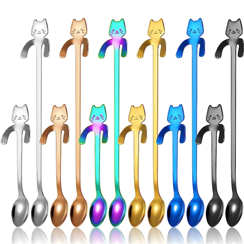 LMETJMA-12Pcs-Cat-Spoon-Coffee-Tea-Spoon-Set-Stainless-Steel-Hanging ...