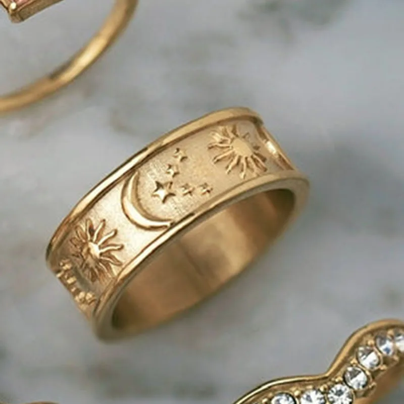 Sun moon star band rings for women stainless steel gold waterproof ...