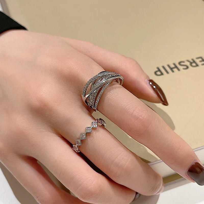 Fashion AAA Zircon Luxury CUrve Intersection Female Crystal Stone Ring ...