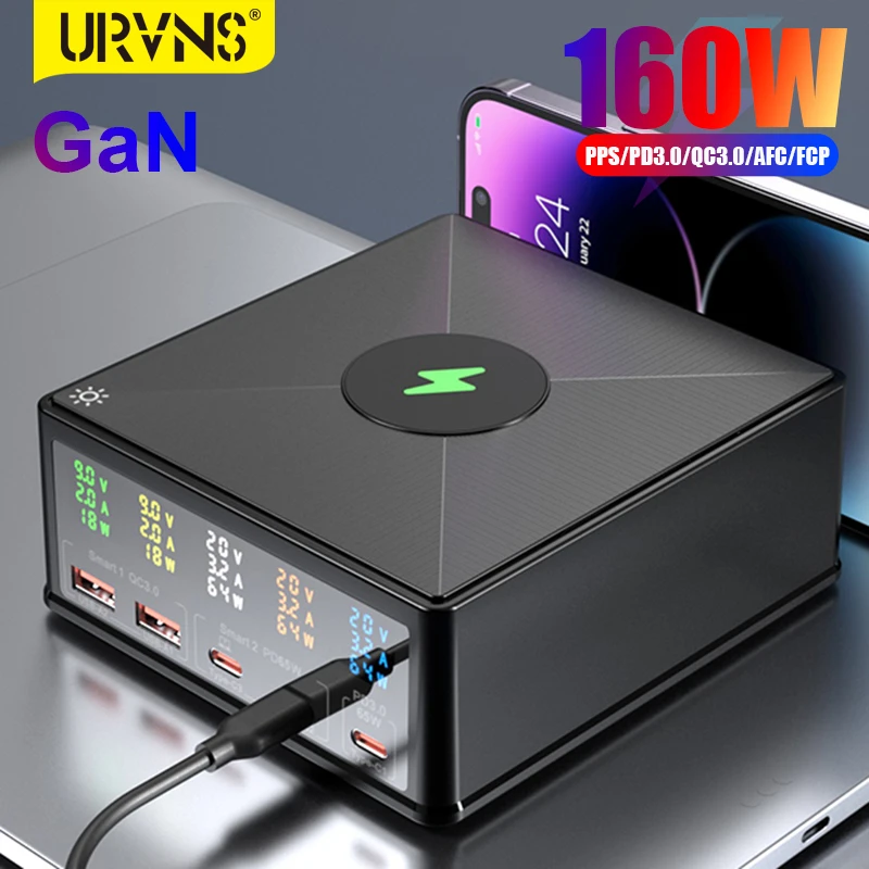 URVNS 160W GaN USB-C Power Adapter LED Display Wireless Charger Station 5-Port PD65W and QC3.0 ...