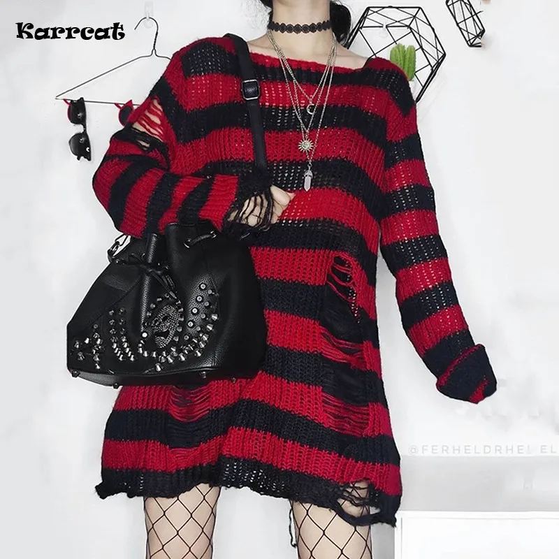 Karrcat Grunge Harajuku Striped Knit Sweater Women Y2K Streetwear Hole Broken Jumper Loose ...