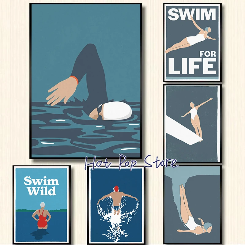 Summer Swim Wild Swimming Poster Ocean Water Sports Wall Decor Swimmer ...