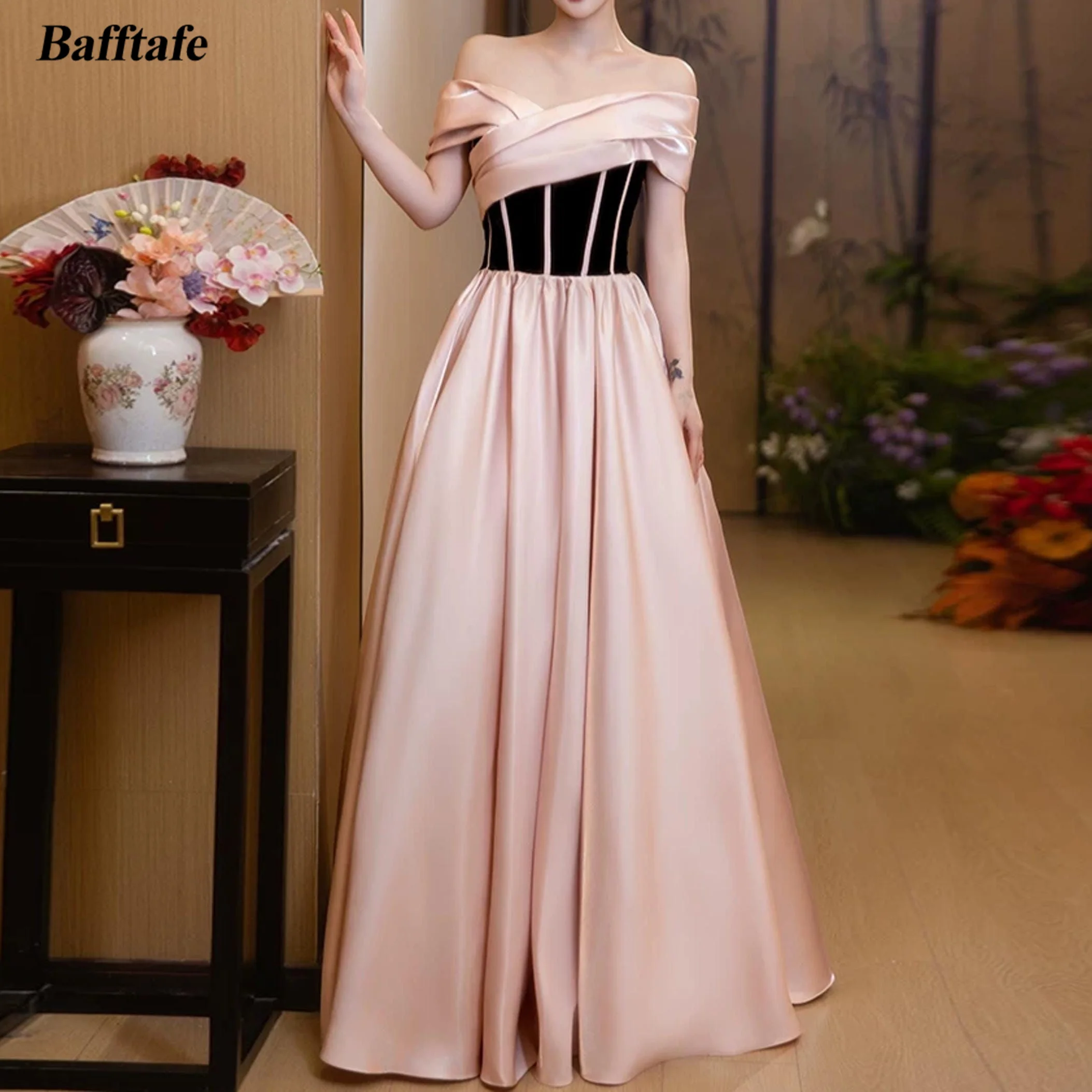 Bafftafe Customized Satin A-Line Prom Dress Off The Shoulder Bones Long ...