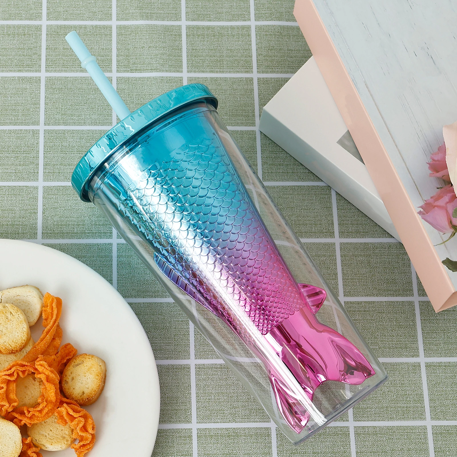 ABS Mermaid Tail Tumbler Double Mermaid Tail Straw Cup 350ml Gradient ...