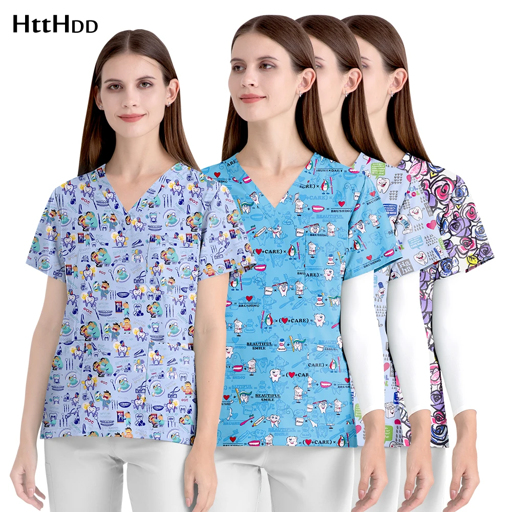 Scrub-Top-Doctor-Nurse-Work-Uniform-Fashion-Printed-Pattern-T-shirt ...