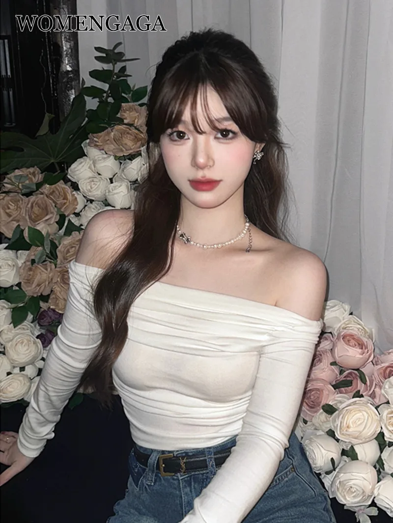 WOMENGAGA 섹시한 비스듬한 어깨 비대칭 긴 소매 얇은 폴드 티셔츠, 짧은 상의, 매콤한 소녀 티셔츠, 봄 여름, 50M2| | - AliExpress