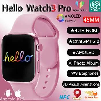 2024 New Hello Smartwatch HD Bluetooth Talk AMOLED 4G ROM NFC Compass Smartwatch 3 Pro Plus 45mm ...