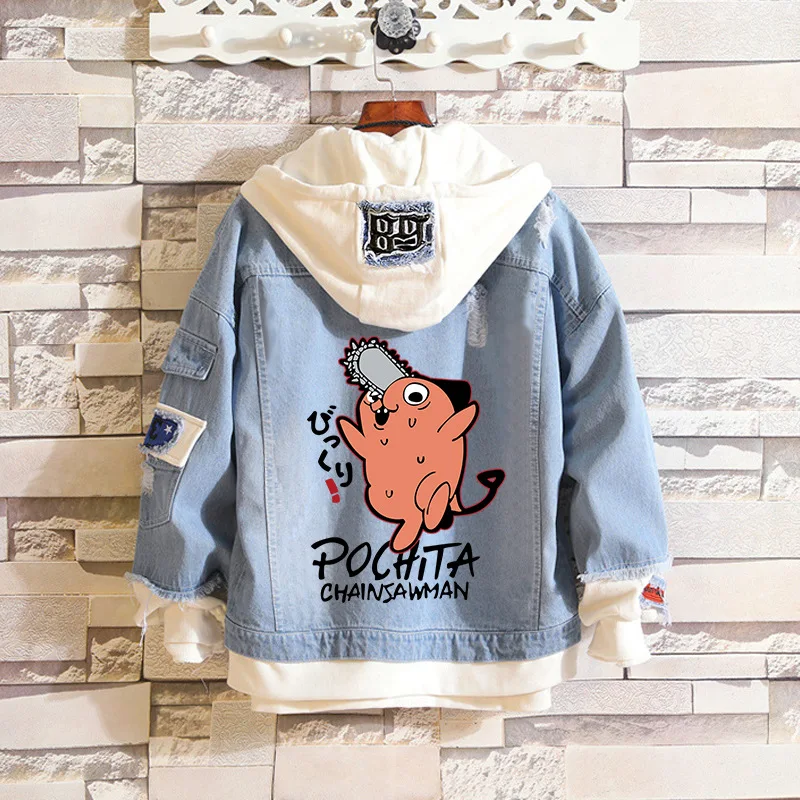 2023 Anime Coats Chainsaw Man Denim Jacket Pochita Hooded Jackets Hip ...