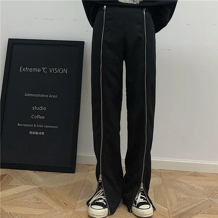 Streetwear Black Zipper Slit Wide Leg Pants Ins Loose High Waist Full ...