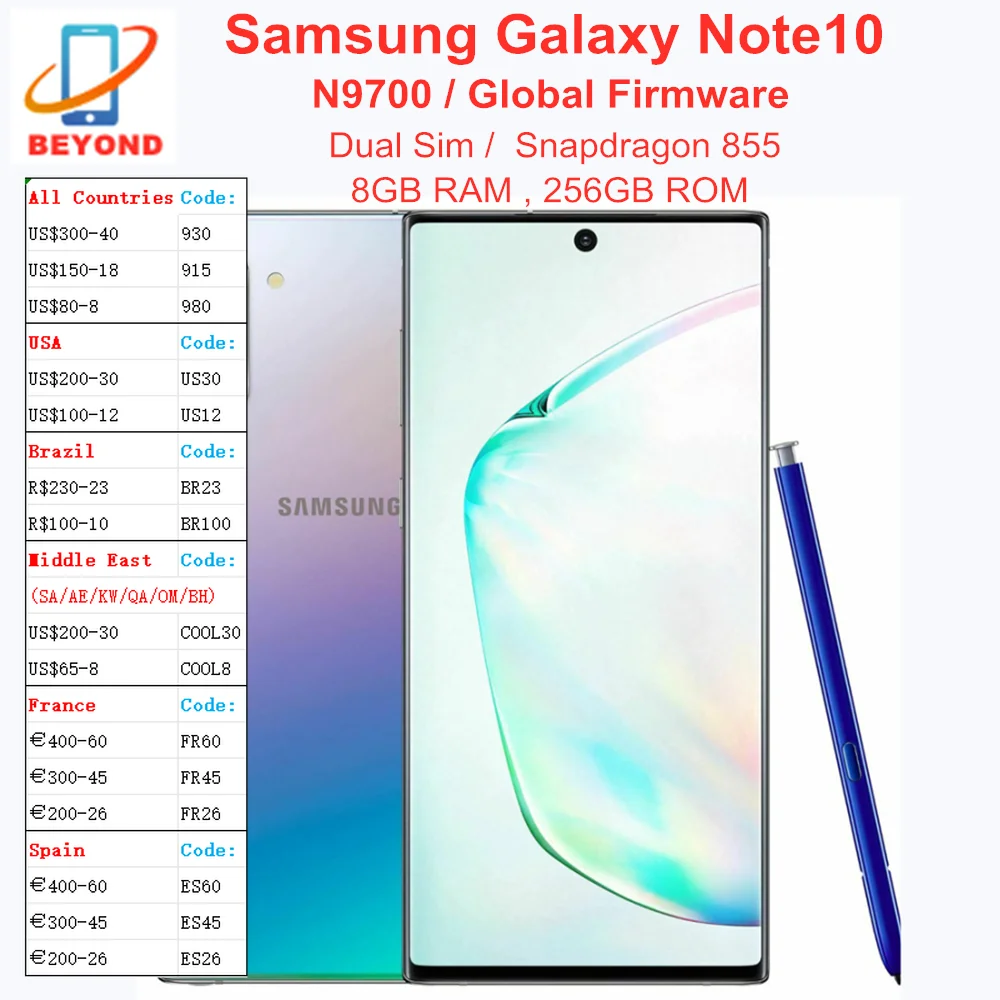 Samsung Galaxy Note10 Note 10 N9700 Dual Sim 256GB ROM 8GB RAM Octa Core 6.3" Snapdragon 855 NFC ...