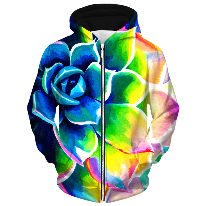 Colorful Retro Flower Zip Up Hoodie Street Personality Long Sleeve ...