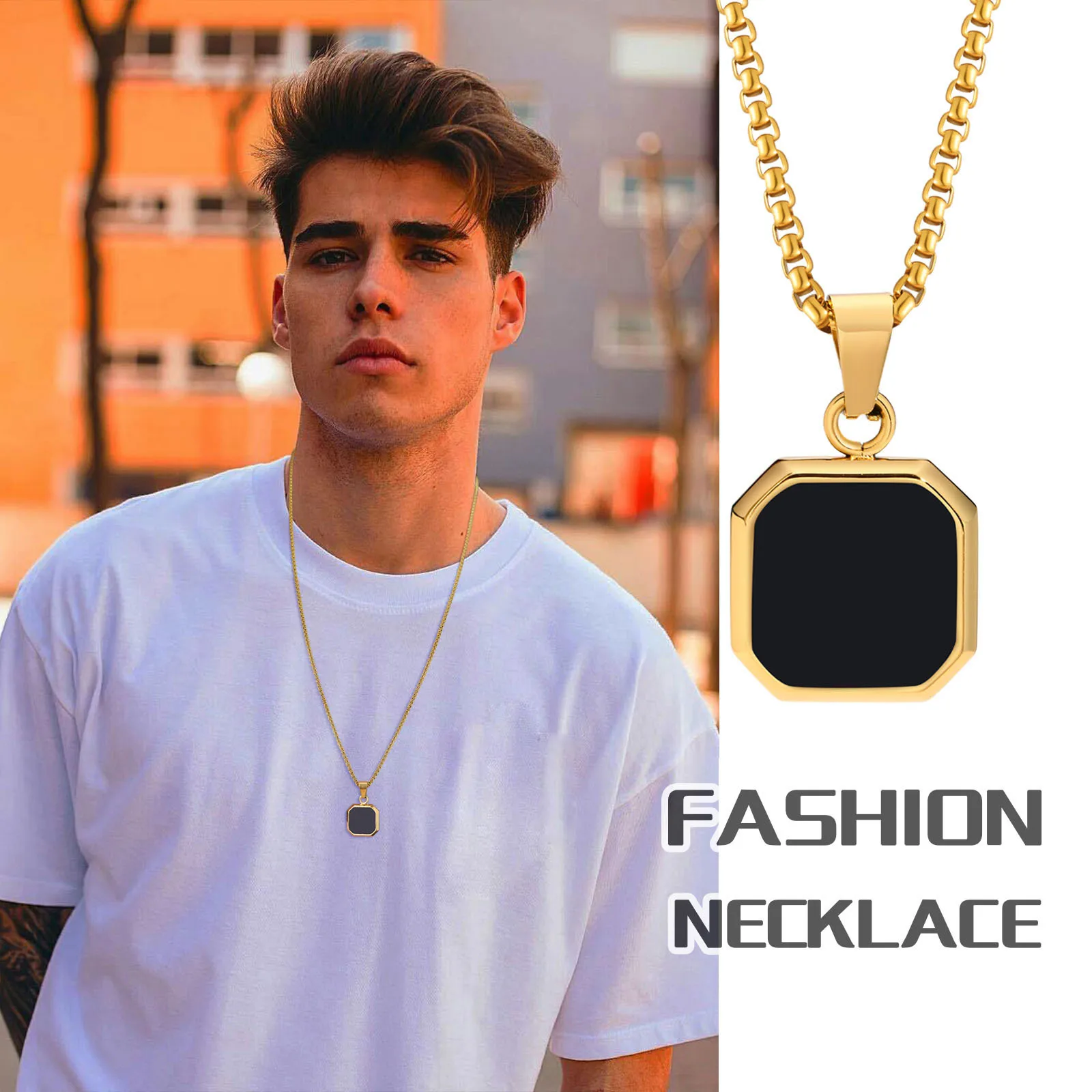 Men-Stylish-15mm-Square-Black-Stone-Pendant-Necklaces-Jewelry-Stainless ...