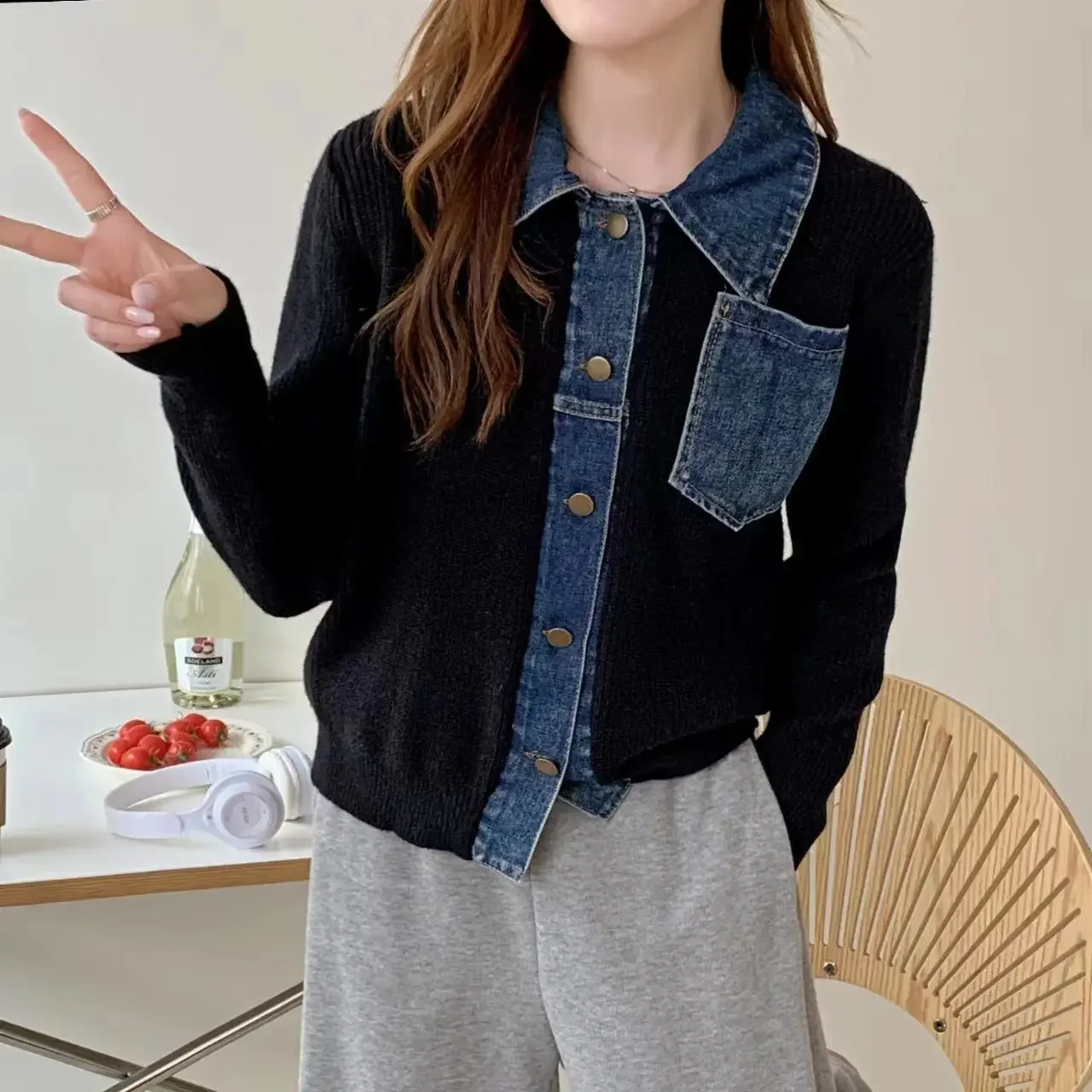 Small-Spring-Autumn-Outerwears-Female-Jeans-Coat-Short-Black-Patchwork ...