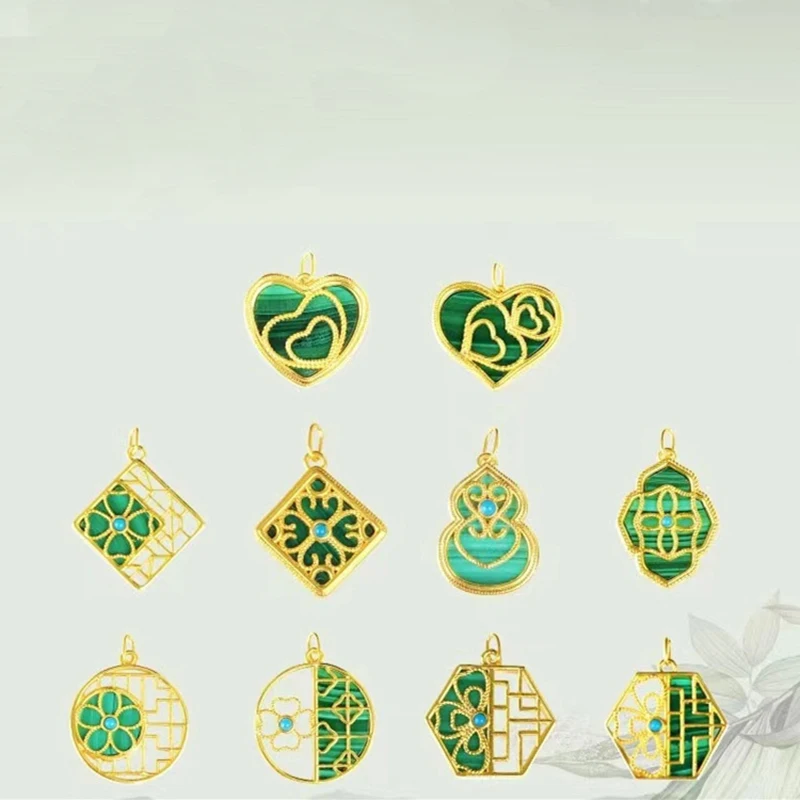 YUNLI-Real-18K-Gold-Necklace-Pendant-Natural-Malachite-Vintage-Design ...