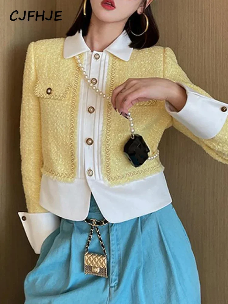 CJFHJE-Yellow-Tweed-Jacket-Coat-Women-Korean-Fashion-Sweet-Woolen-Short ...