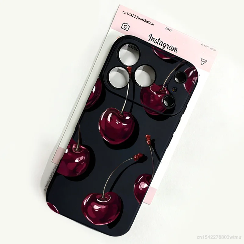Luxury Black Red Cherry Print Case for IPhone 16 15 17 Air 14 13 12 11 ...