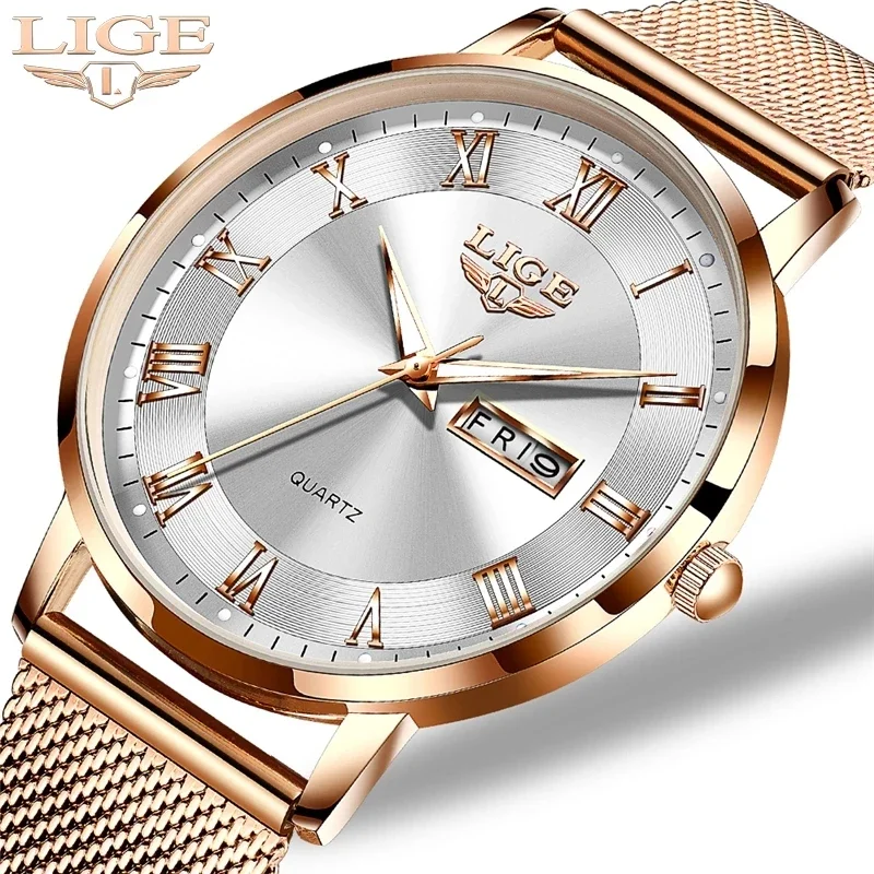 LIGE Brand Fashion Luxury Women Watch Waterproof Rose Gold Steel Mesh ...