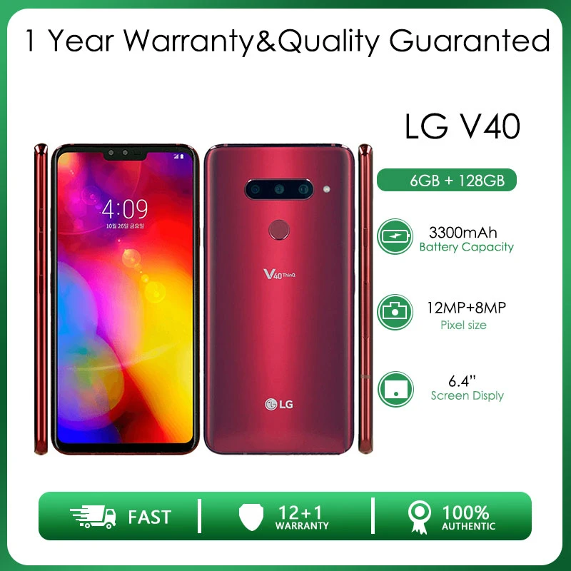 Original LG V40 Dual SIM V405EBW Unlocked Refurbished Mobile Phone 16MP 6GB RAM 128GB ROM GSM ...