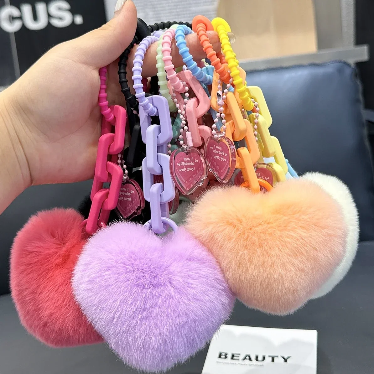 Real Fur Rex Rabbit Fur Key Chain Cute Stuffed Heart-Shaped Keychain ...
