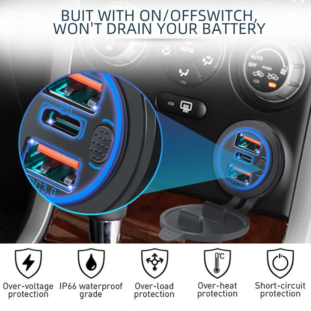 12V 24V Triple USB C Car Charger Socket USB Outlets 45W PD 3USB 22.5W QC3.0 Car Socket Adapter with Touch Switch AliExpress