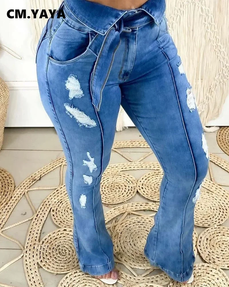 CM.YAYA Cut Out Hole Washed Denim Pants Women Retro Jeans Ripped Flare ...