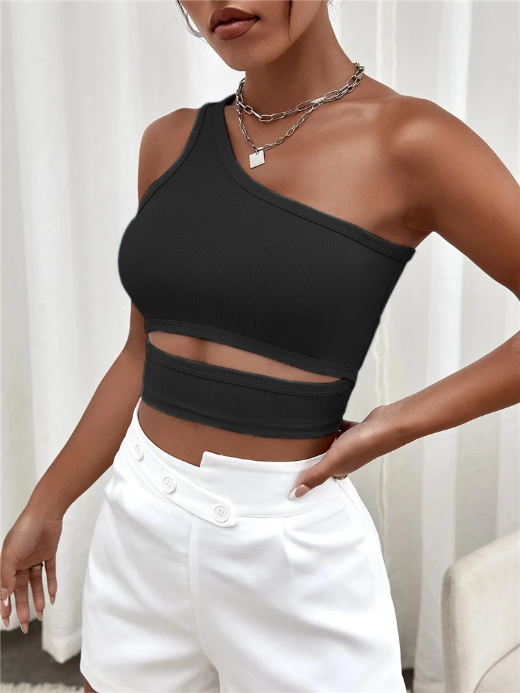 Solid One Shoulder Ribbed Knit Tank Top For Women Summer Black Sexy Y2k ...