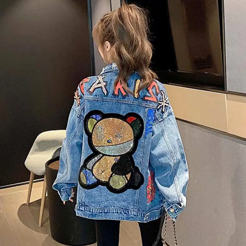 Women-New-Fashion-Beading-Heavy-Printing-Bear-Patterned-Denim-Jacket ...