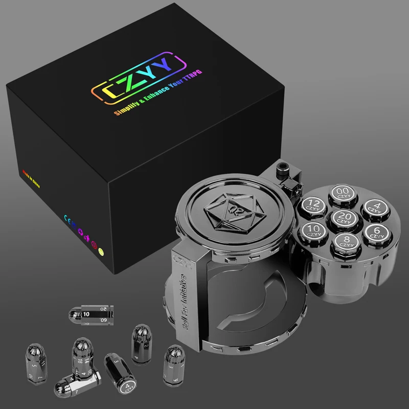 Metal Polyhedral Bullet Dice Set of 7 with Spinning Revolver Cylinder ...