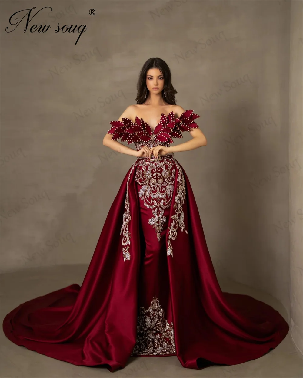 Celebrity Dresses Robes De Soiree Off Shoulder 2024 Wine Red Beaded ...
