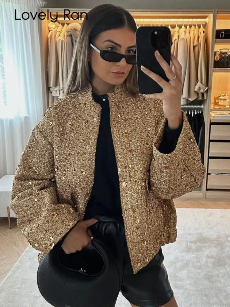 Elegant-Sequin-Gold-Bomber-Jacket-For-Women-Loose-Stand-Collar-Long ...