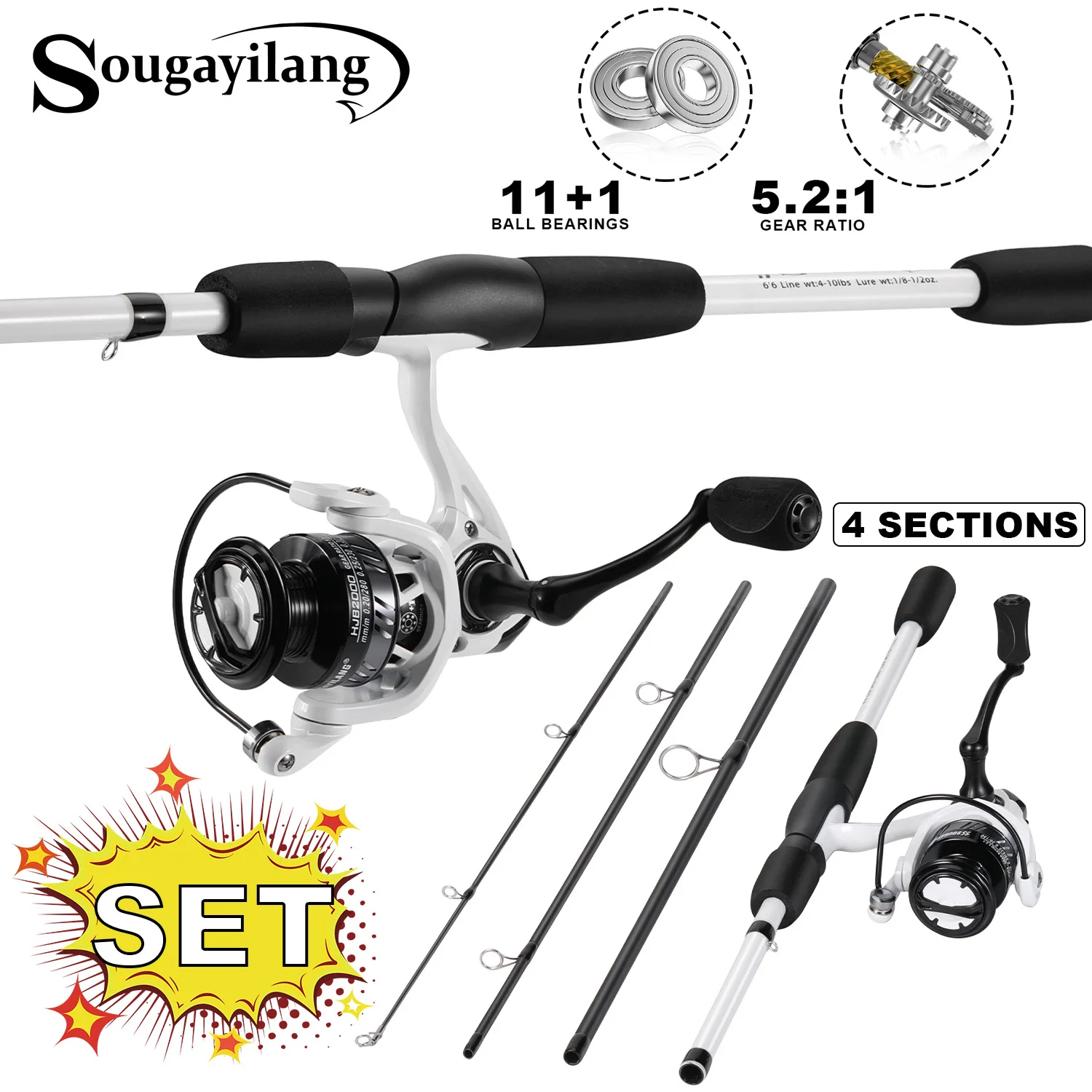 Sougayilang Fishing Rod and Reel Combo 1.98m Spinning Rod and 5.2:1 ...
