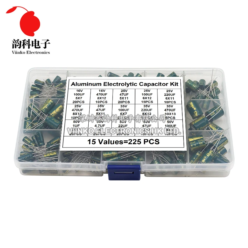 225pcs-Box-High-Frequency-Low-ESR-Aluminum-Electrolytic-Capacitor-Kit-15Values-16V-50V-1uF-470uF ...