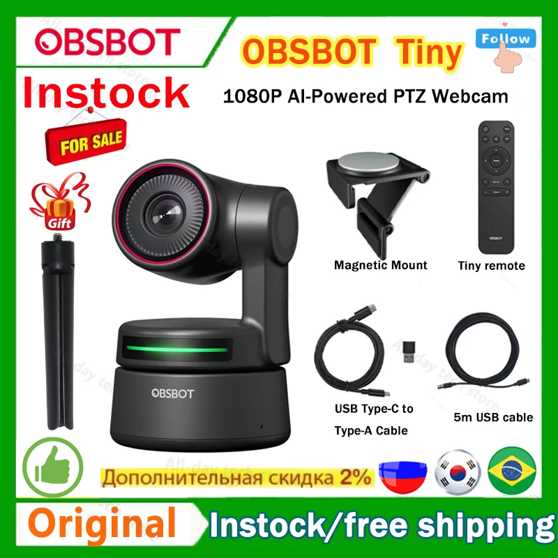 OBSBOT Tiny AI-Powered PTZ Webcam 1080p Full HD Video Conferencing ...