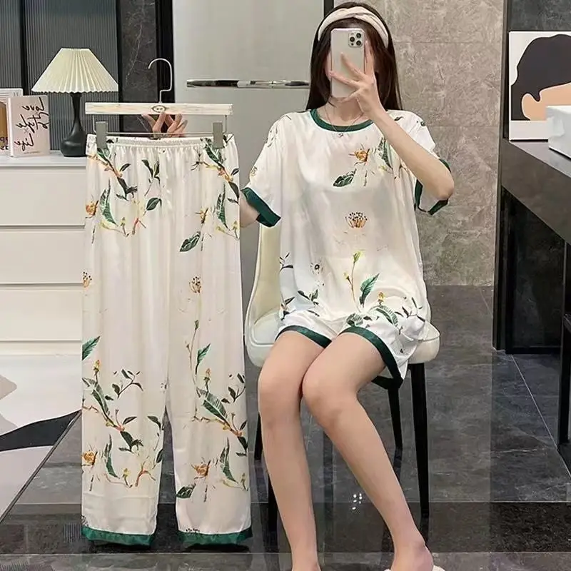 Milk-Silk-Pyjamas-Female-Green-Leaves-Cartoon-Sweet-and-Lovely-Three ...